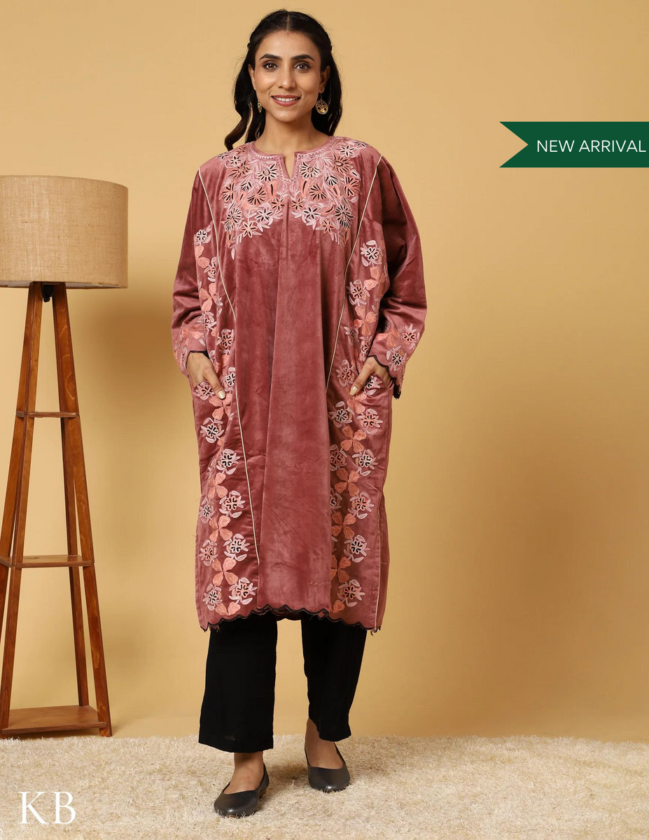 Warm Candy Pink Zari Aari Embroiderd Makhmal Phiran | KashmirBox.com