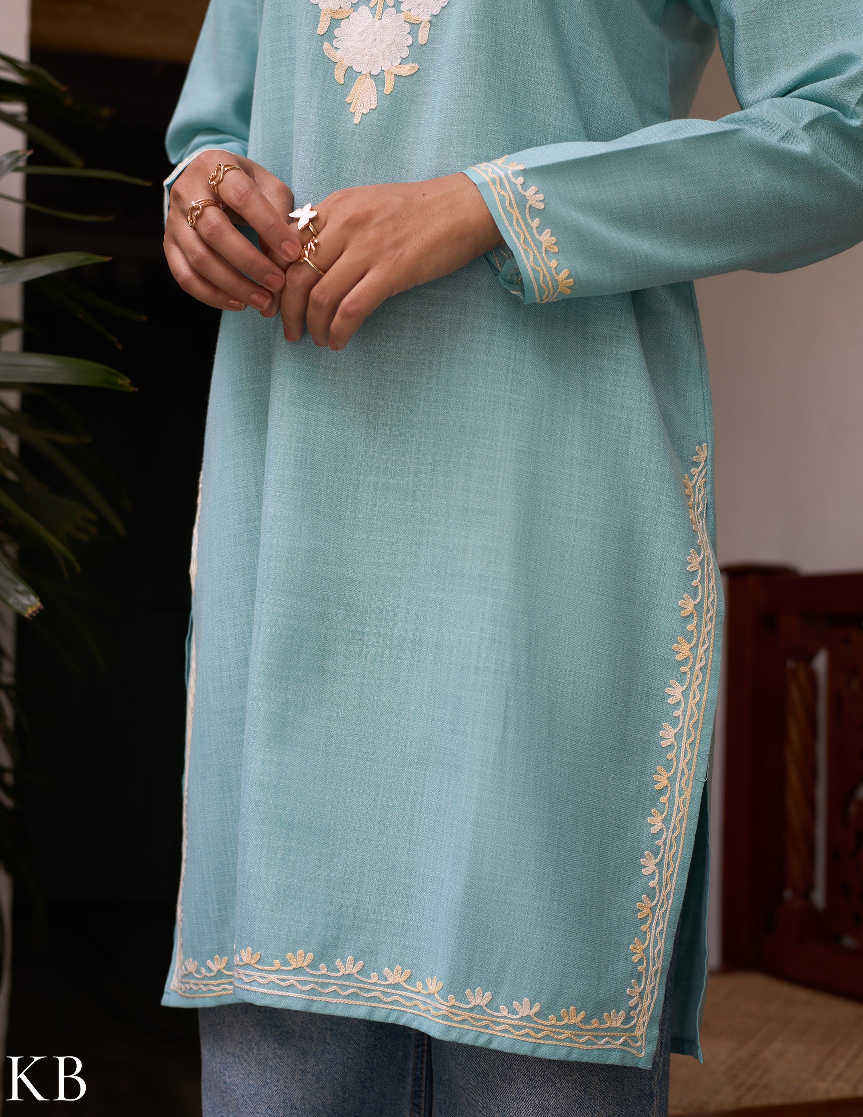 Nigeen Kashmiri Aari Sky Blue Kurti – KashmirBox.com