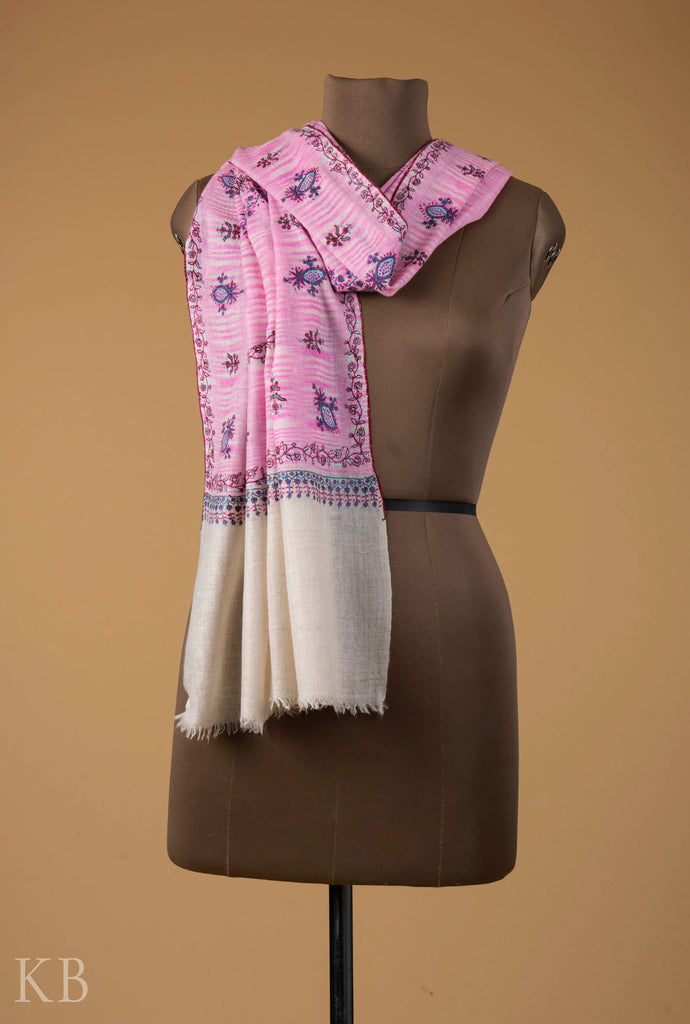 Pink And White Modern Design Embroidered Pashmina Stole | KashmirBox.com